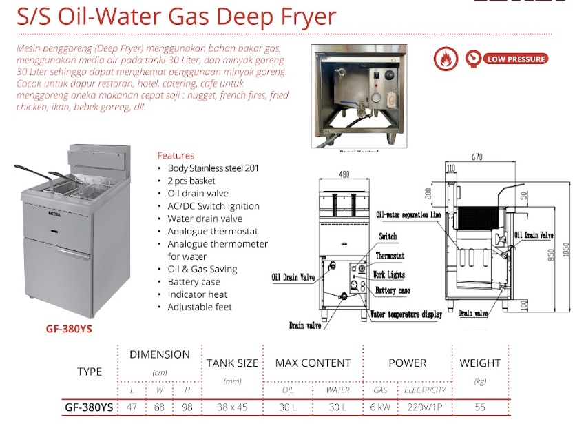 Jual SS Oil Water Gas Deep Fryer GETRA GF-380YS Murah, Harga, Spesifikasi